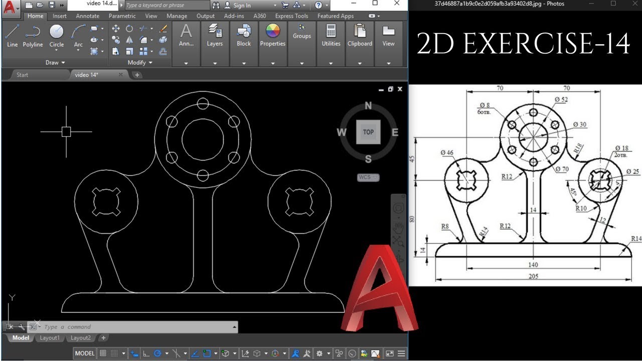 Autocad 2d Practice Drawing for Beginners - Exercise 14 (Basic to advance level )