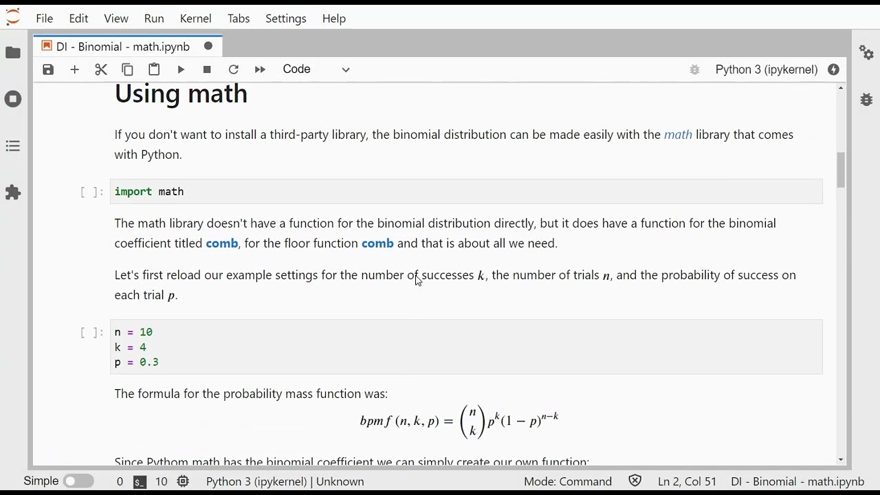 Python - Binomial Distribution (using math library only)