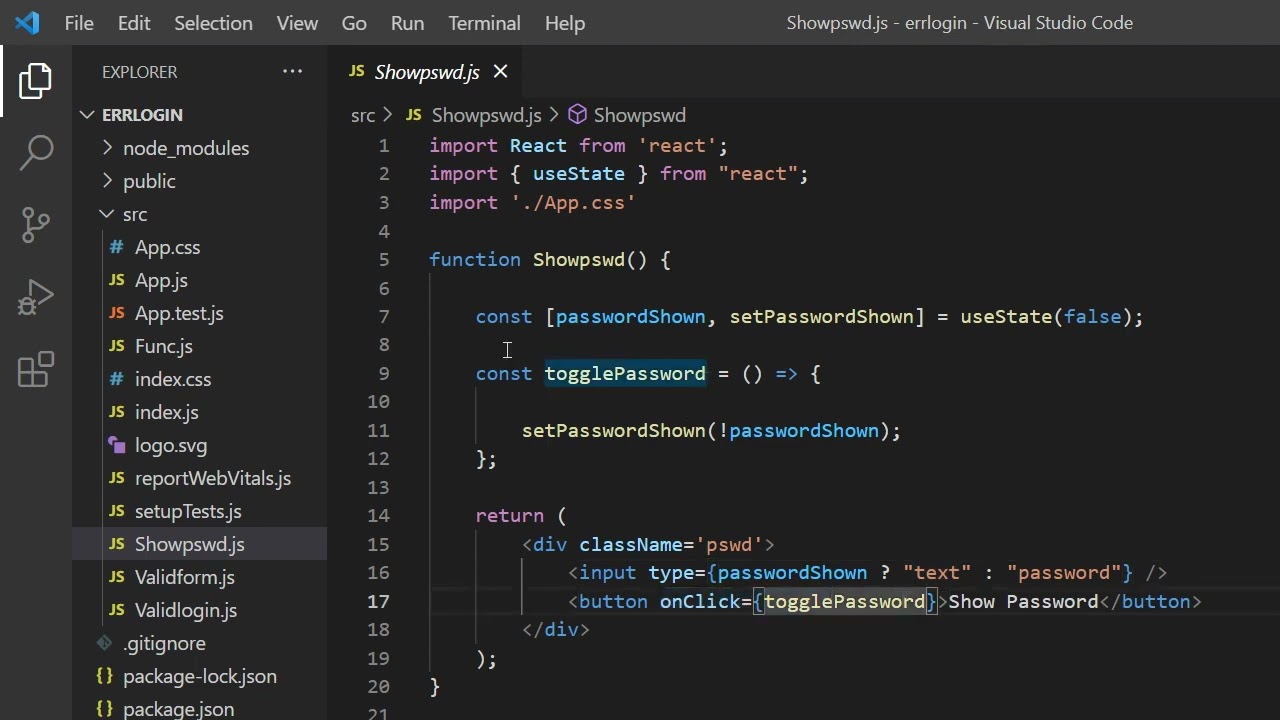 How to make a show or hide password toggle button in Reactjs? show password using button in react