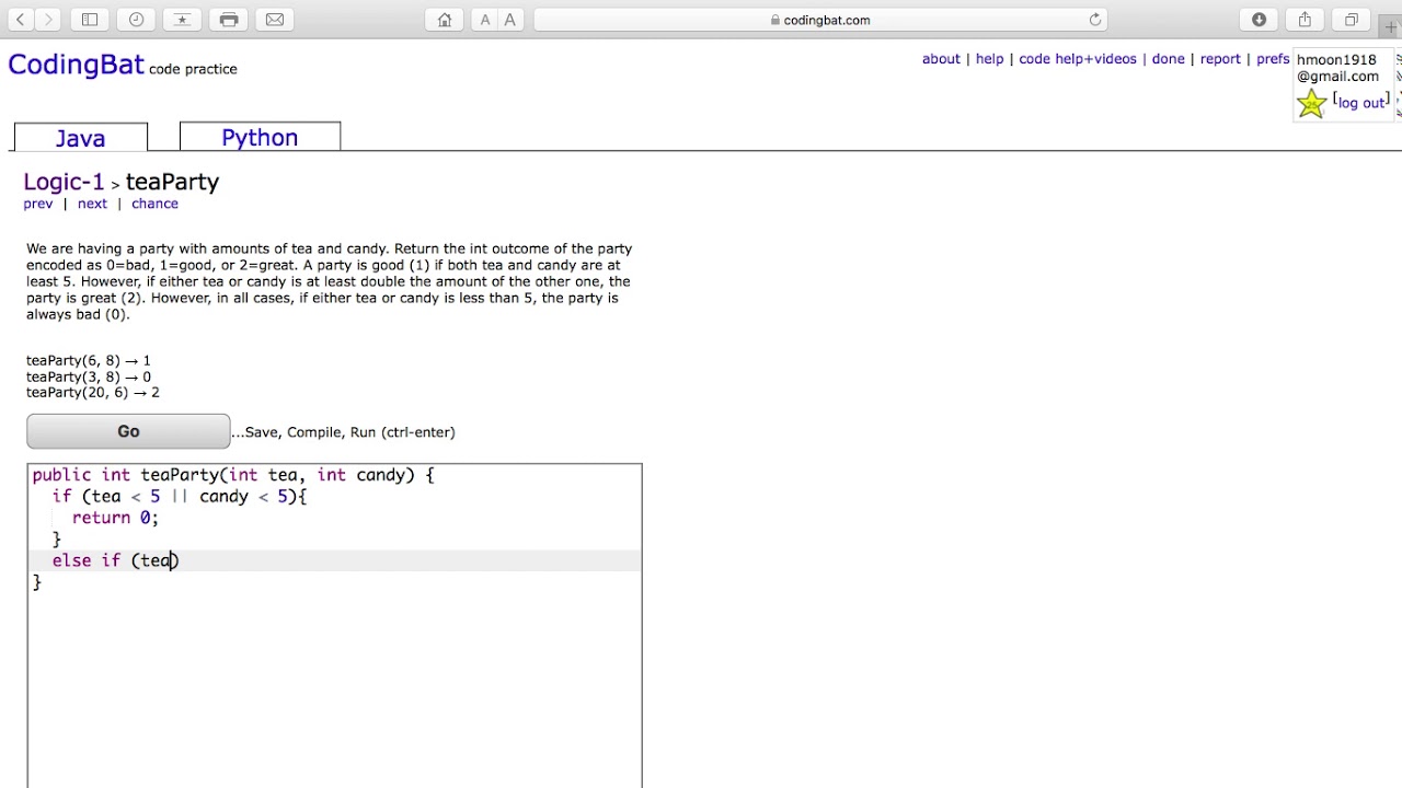 Logic 1 (teaParty) Java Tutorial || codingbat com