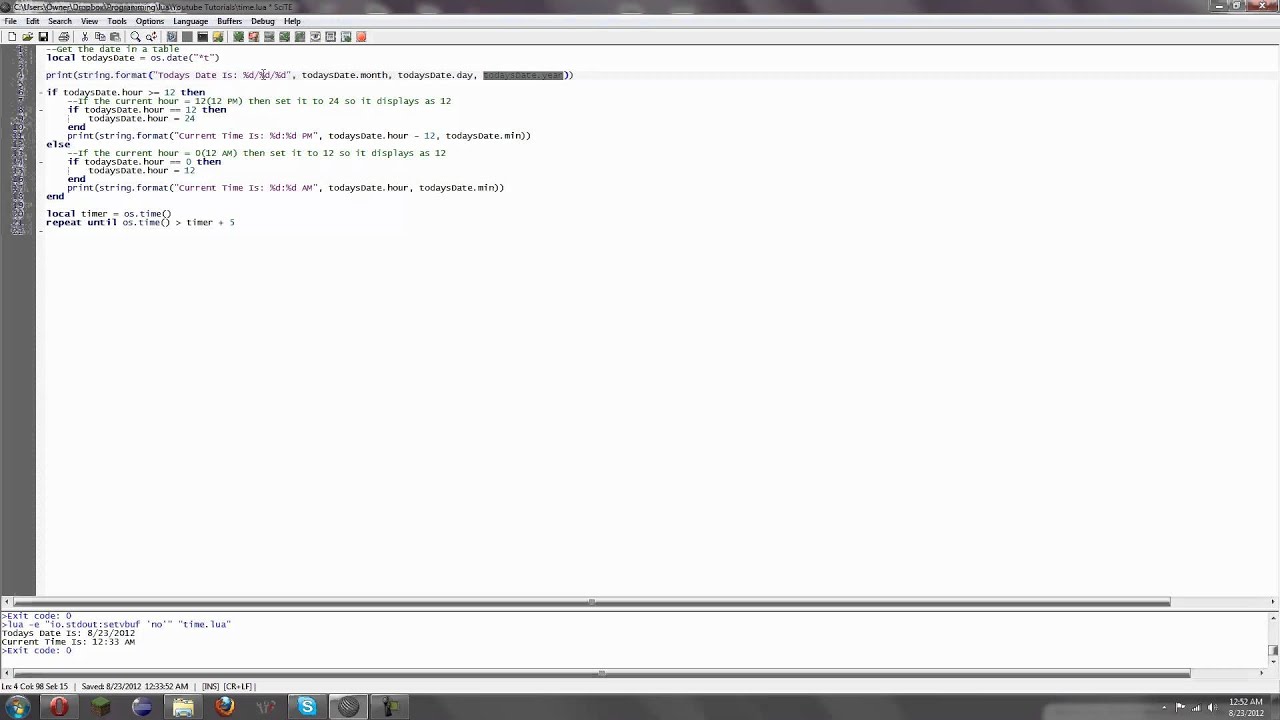 Lua Beginner Tutorials Lesson 6 - Getting the Current Date and Advanced String Formatting