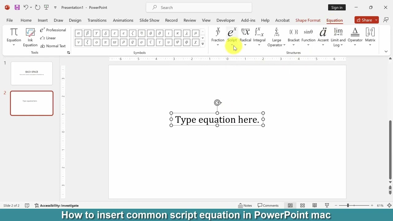 How to insert common script equation in PowerPoint mac