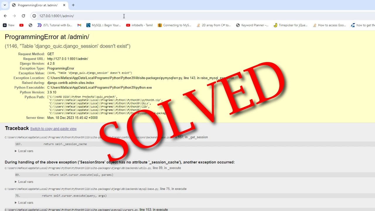 ProgrammingError at /admin/ Table 'django_session' doesn't exist | Django Python | SOLVED