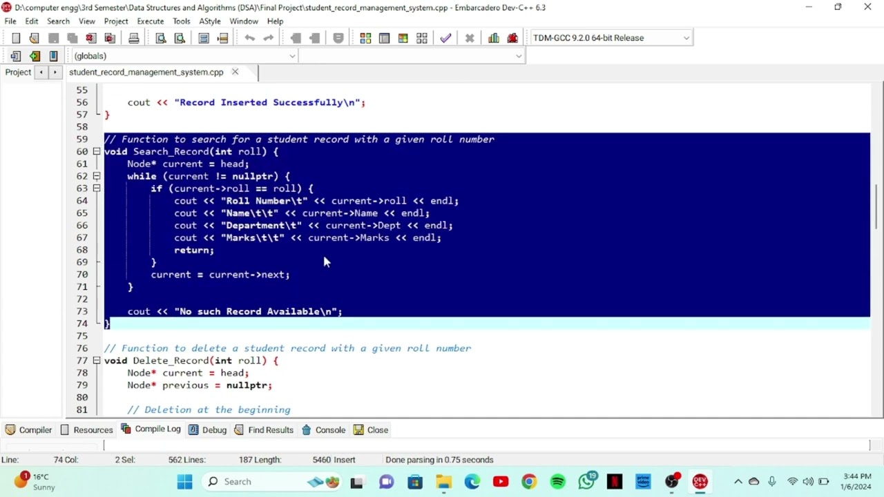 Student Record Management System in C++ - Linked List Implementation (22-CP-02)
