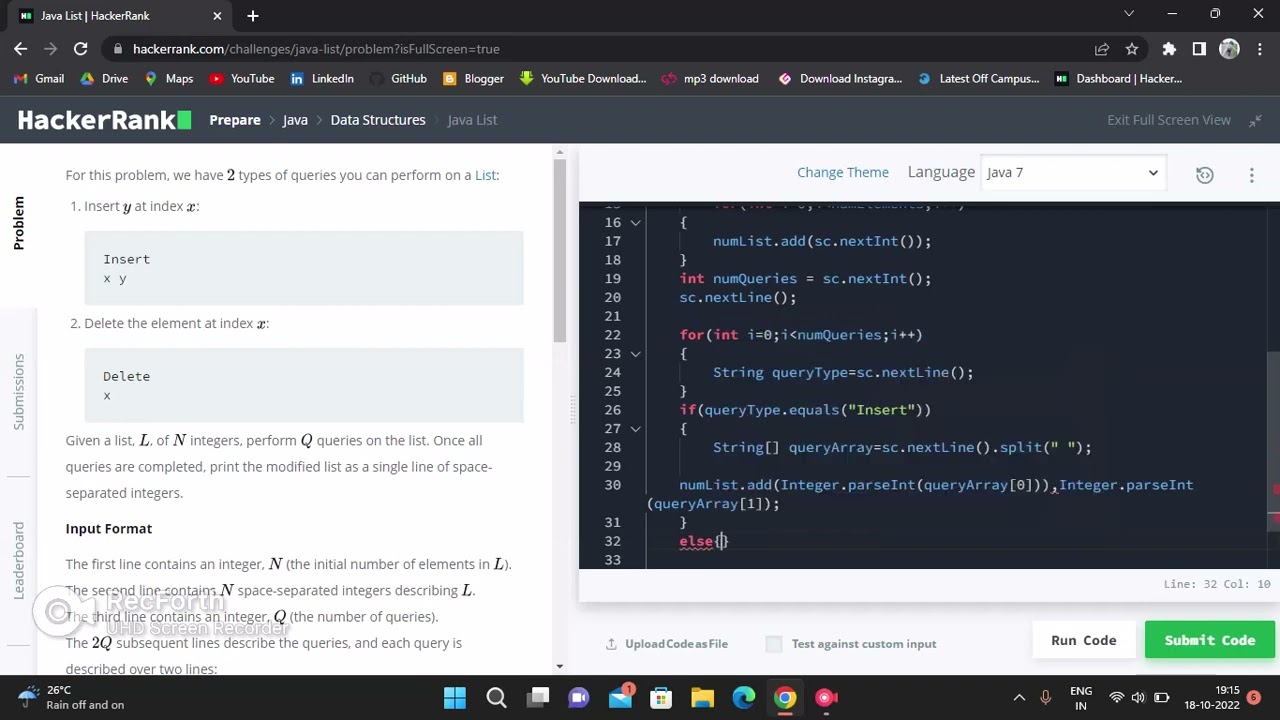 Hackerrank Java List Problem | Hackerrank Problems Java | Insert  at index | Swapniltake1 | Code