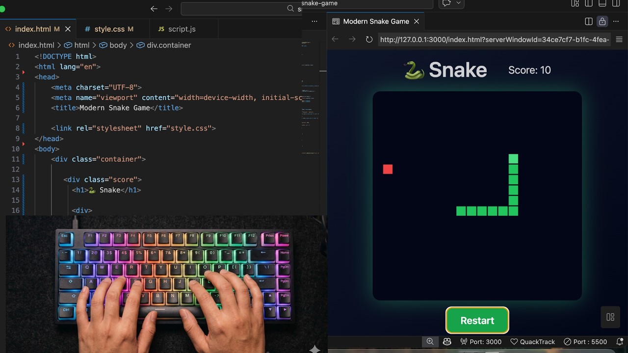 🐍 Modern Snake Game (HTML, CSS, JavaScript) - Asmr Programming - No talking