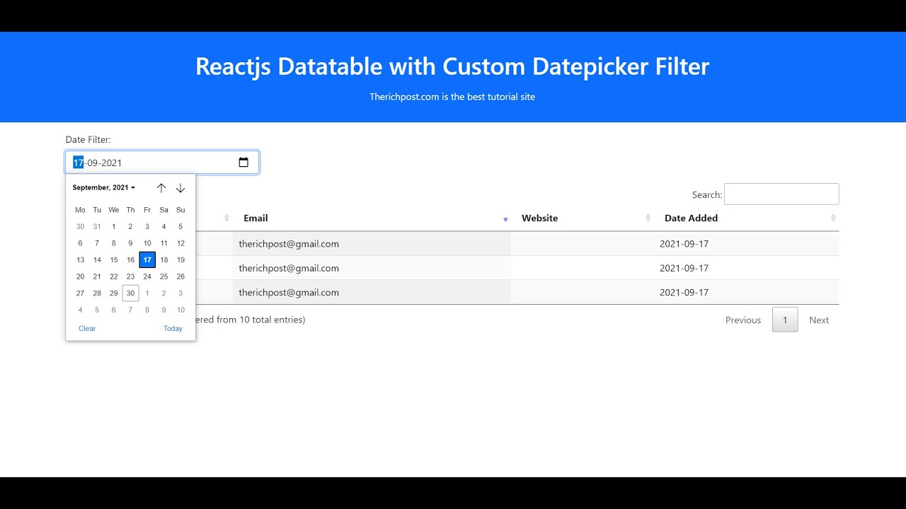 Reactjs Datatable with Custom Datepicker Filter