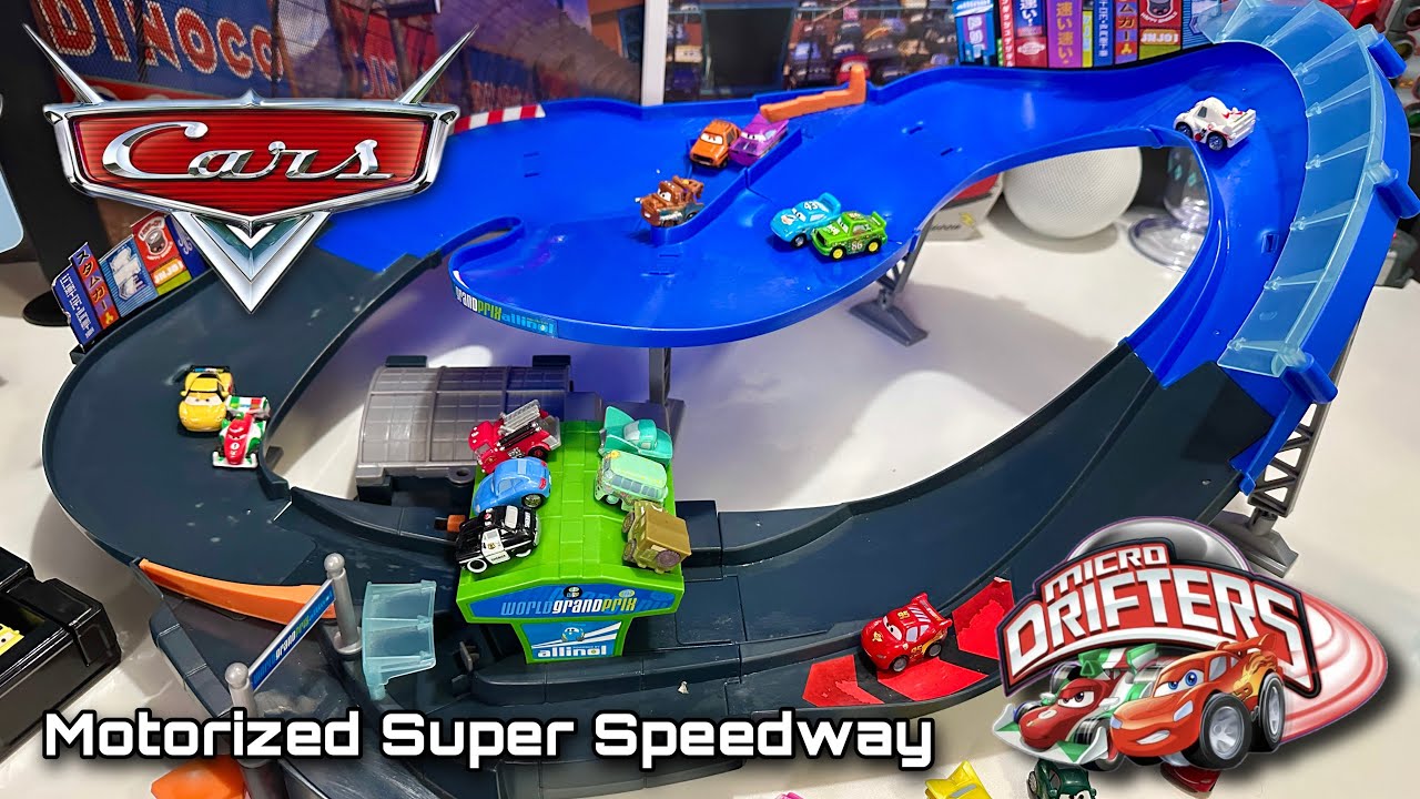 2012 Micro Drifters Motorized Super Speedway Unboxing & Run — Disney Cars 2 Towkyo Track Set