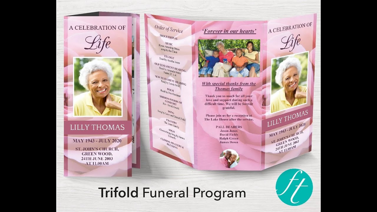 Trifold Pink Rose Funeral Program Template