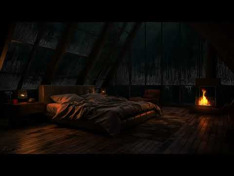 No Ads, Just Rain on Windows of Cozy Attic Bedroom at Night w/ Fireplace - Rain Sounds for Sleeping