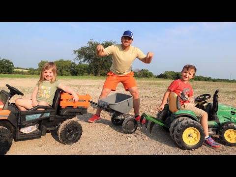 Using kids tractor to plow dirt and plant grass | Tractors for kids