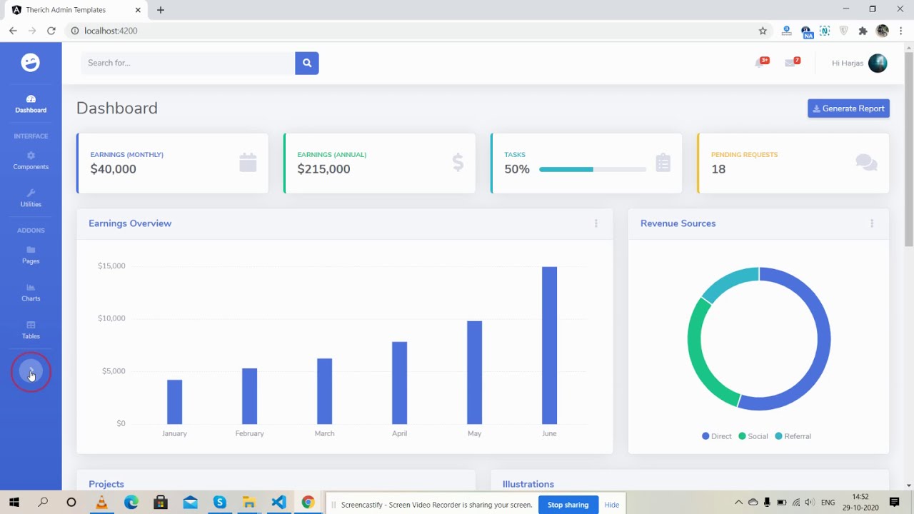 Angular 10 Admin Dashboard Template Working Example