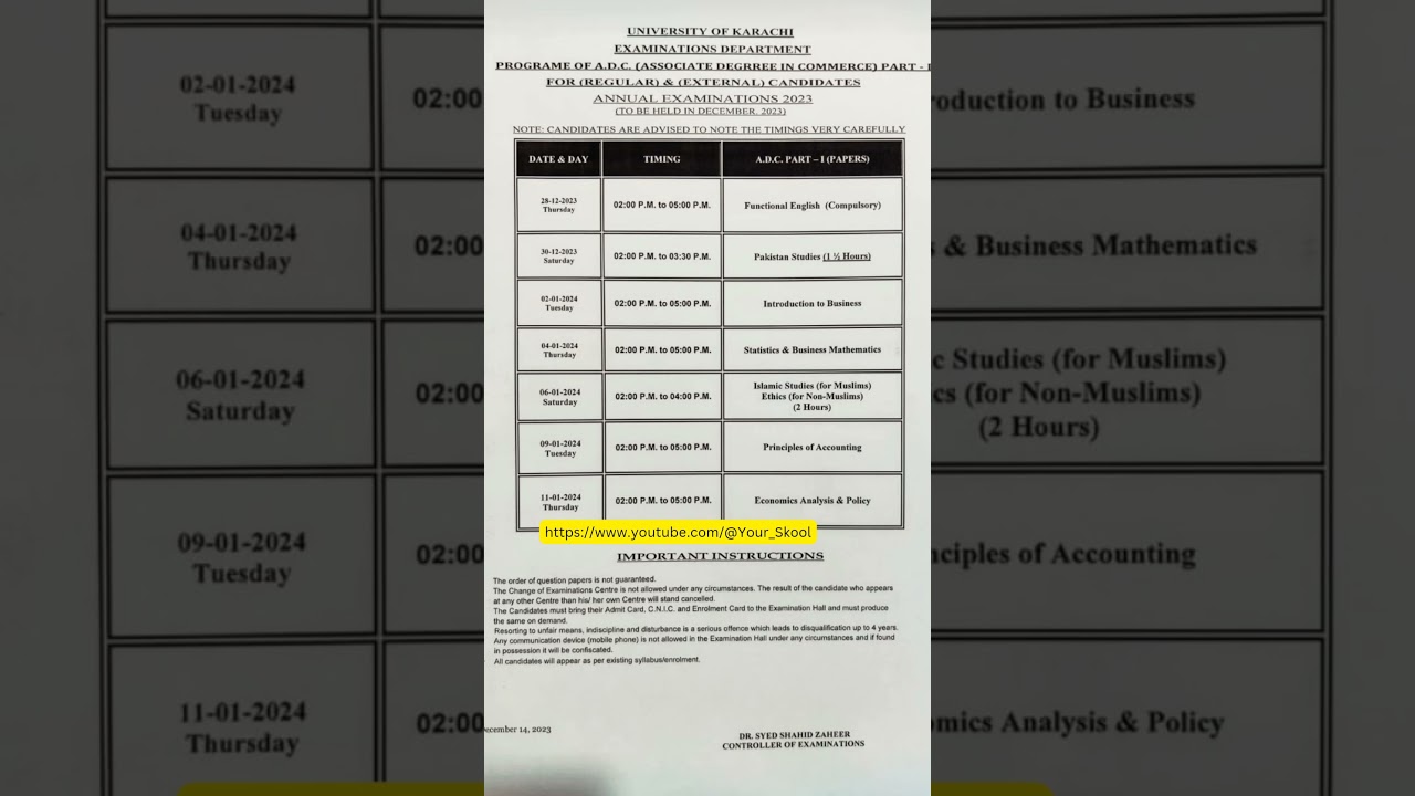 ADC part-1 examination 2023 date sheet (Regular & Private) #sindhboard