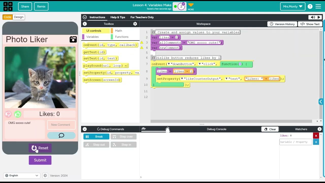 Code.org Computer Science Principles Unit 4: Lesson 4  - Variables Make