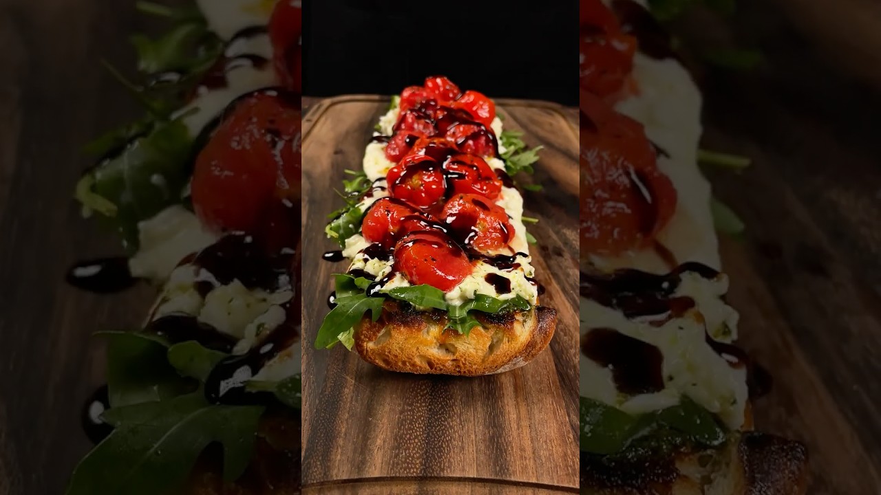 🔥 Bruschetta Bliss: Pesto, Burrata, and Roasted Tomatoes!#BruschettaBurrata #ItalianFlavors