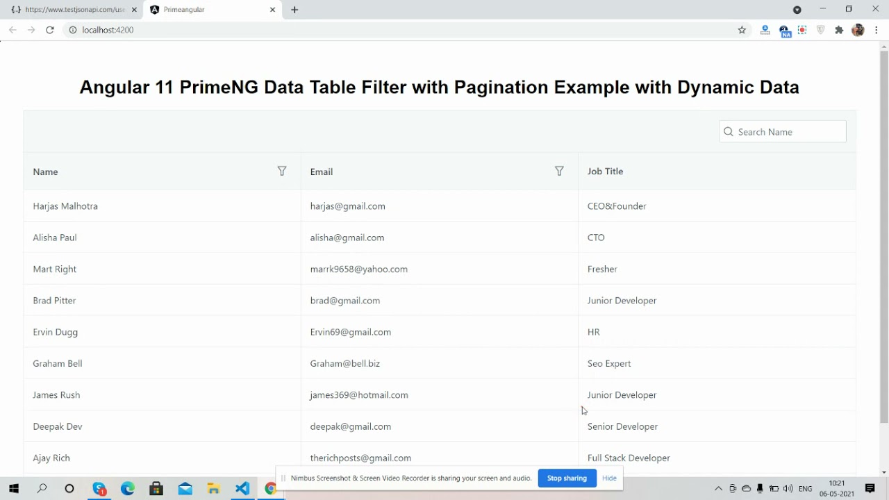 Angular PrimeNG Data Table with Filter Pagination and Dynamic Data