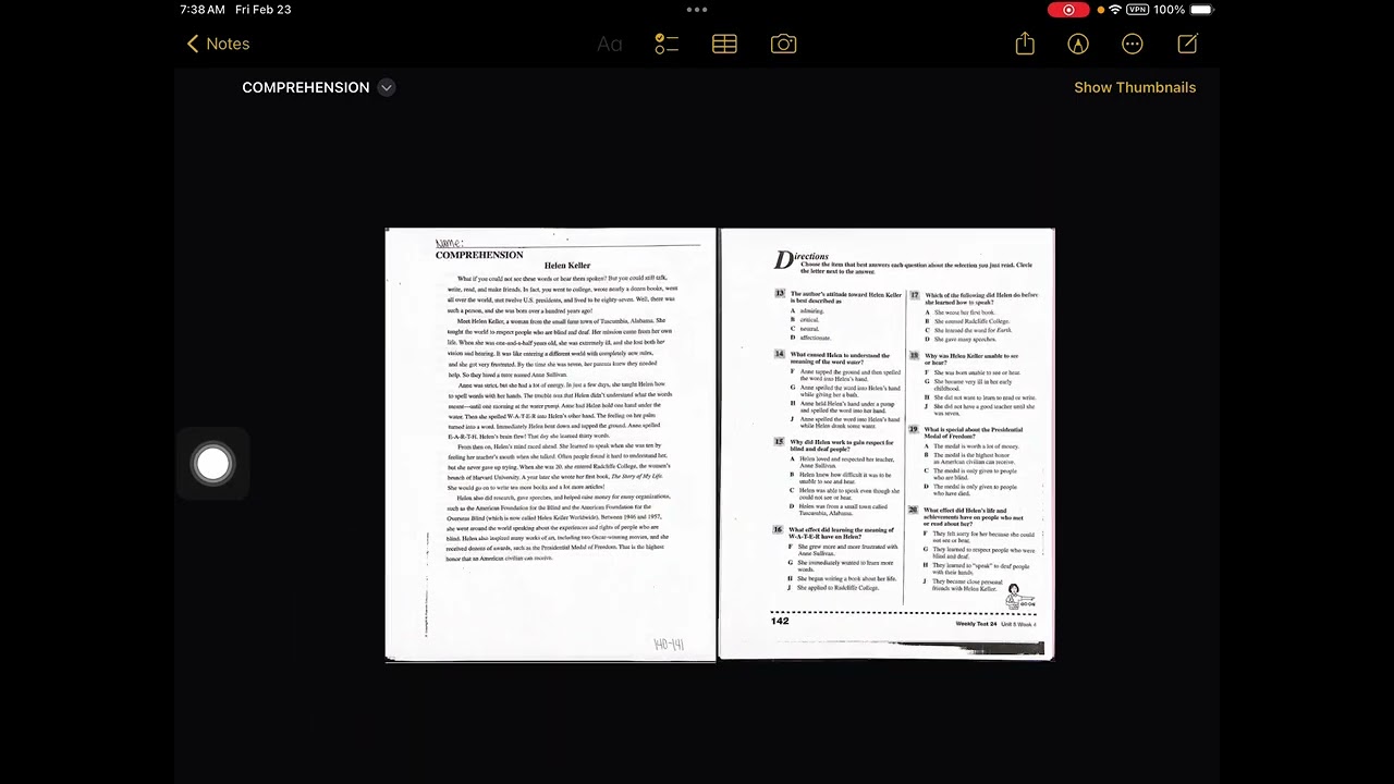 Reading of Helen Keller reading Comprehension