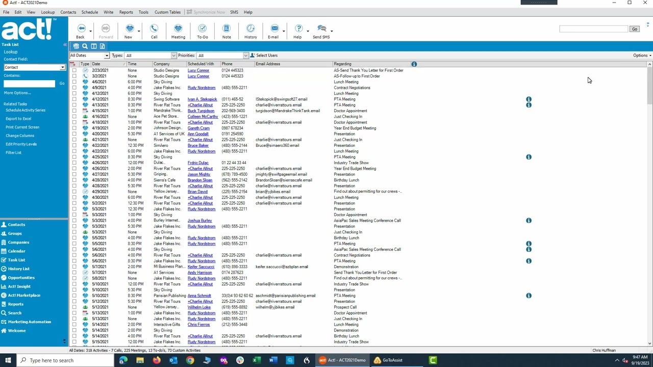 Exporting Act CRM Activities and Task List