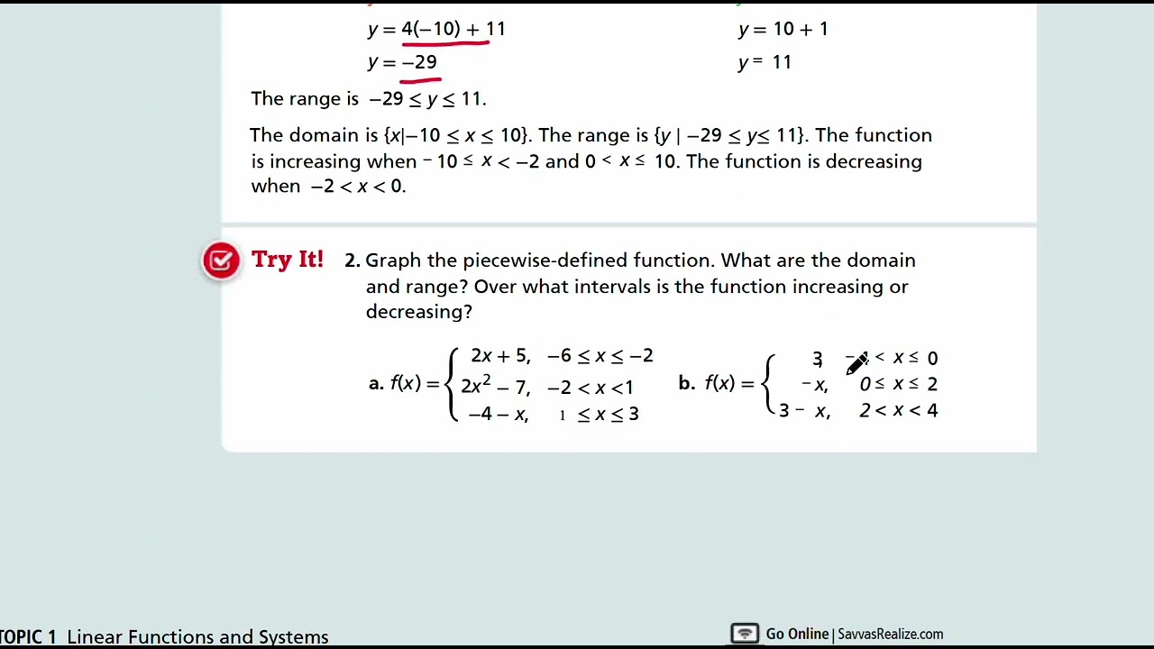 EnVision Algebra 2 Lesson 1-3: Piecewise-Defined Functions - Example 2