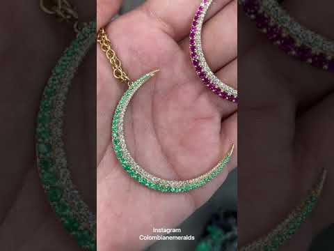 Emerald Ruby Diamond gold half moon necklace