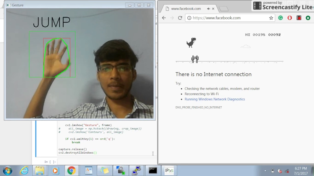 Playing Chrome Dinosaur Game with Gestures : OpenCV + Python (Code Available)