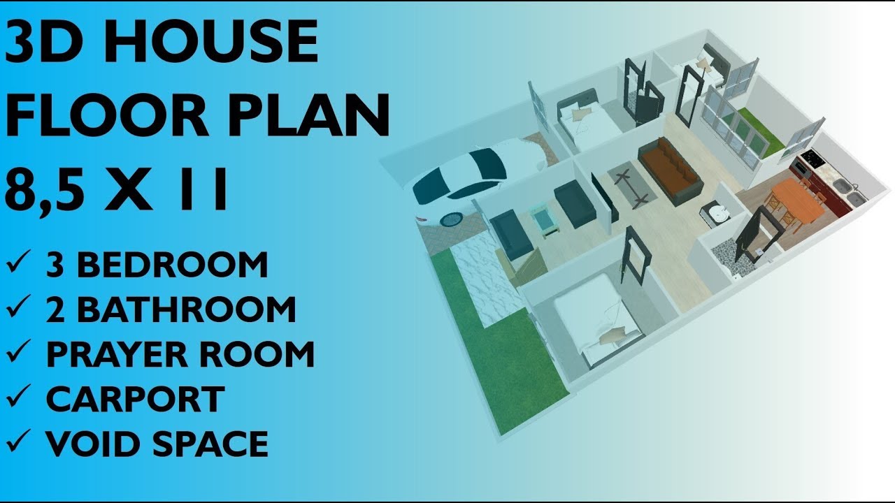 8,5 x 11 Modern Minimalist Home with 3 Bedroom | 3D House Floor Plan