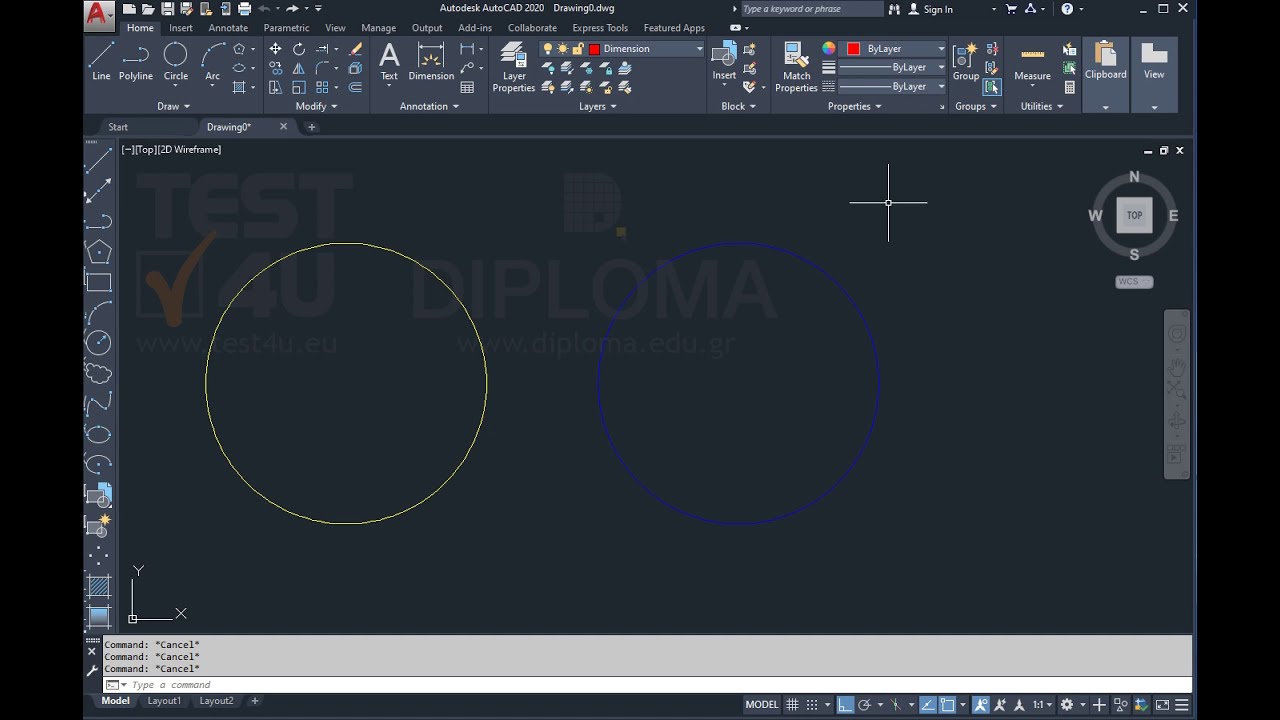 Create a radial dimension in the yellow circle and a diametric dimension in the blue one. Place...
