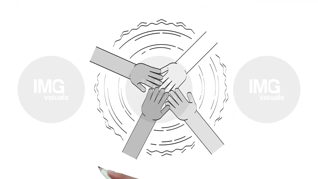 Diverse hands in unity circle hand drawn whiteboard sketch animation