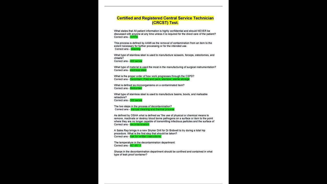 IAHCSMM Exam Certified and Registered Central Service Technician CRCST Test Answered 2022 pdf