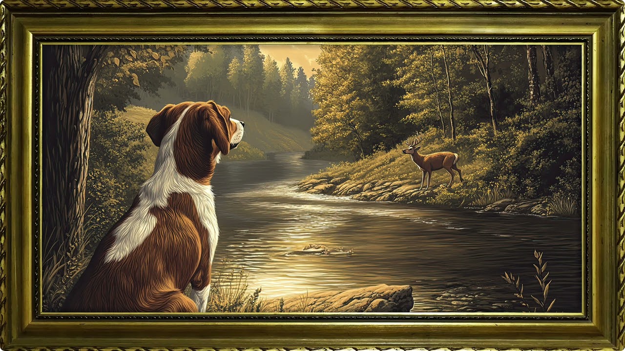 Dog and Deer hunting Vintage Oil Painting for TV Art Display | Elegant Golden Frame Wall Decor | 2H