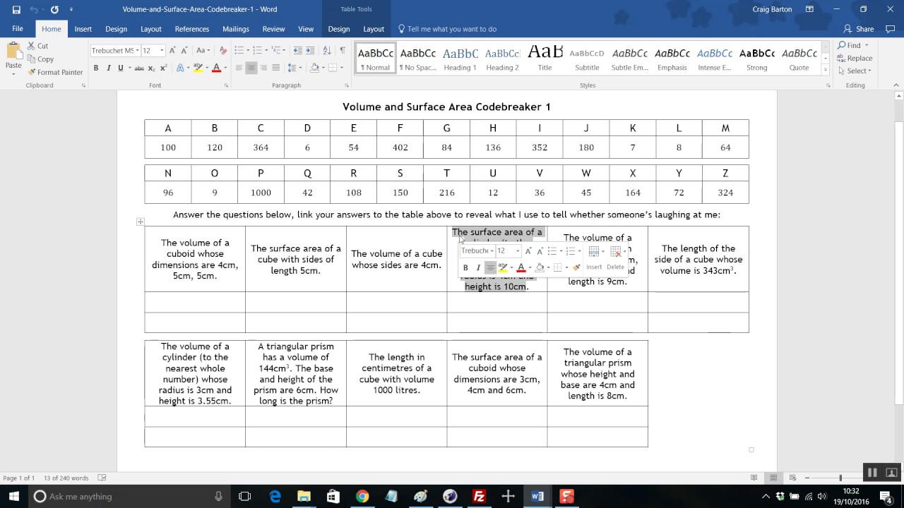 Volume and Surface Area Codebreakers - TES Maths ROTW 10 (2016/17)
