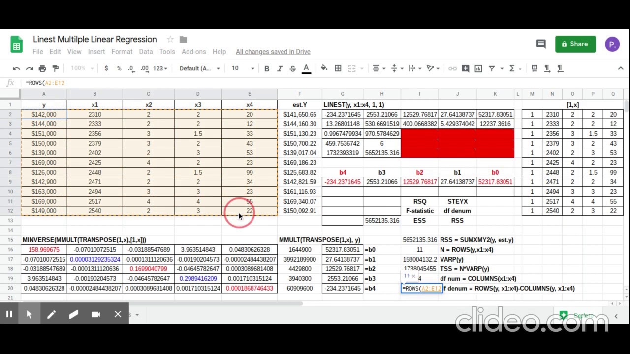 LINEST Multiple Linear Regression Matrix Solution with 4 Independent Variables