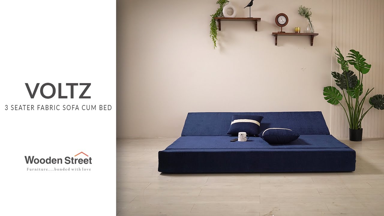 Voltz 3 Seater Fabric Sofa Cum Bed (Cotton, Azure Blue) | Space Saver Furniture | Wooden Street