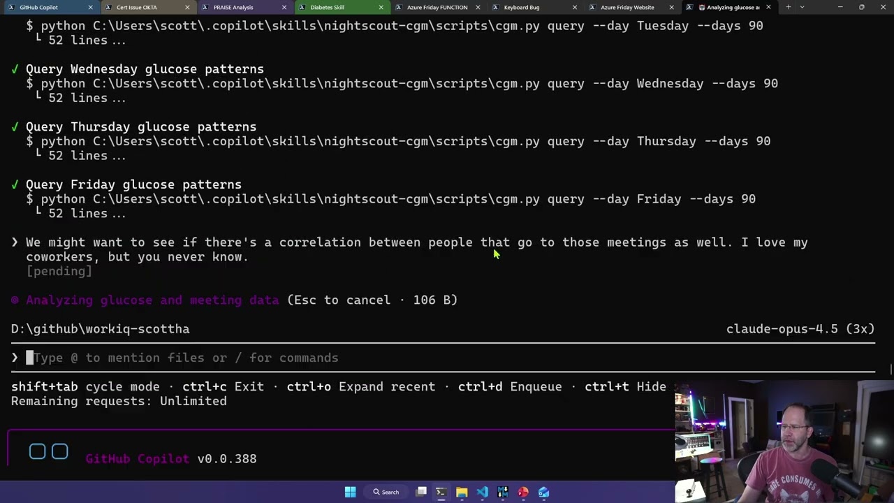 GitHub Coplot CLI+WorkIQ+Nightscout...can I correlate which coworker is stressing me out? Satya?