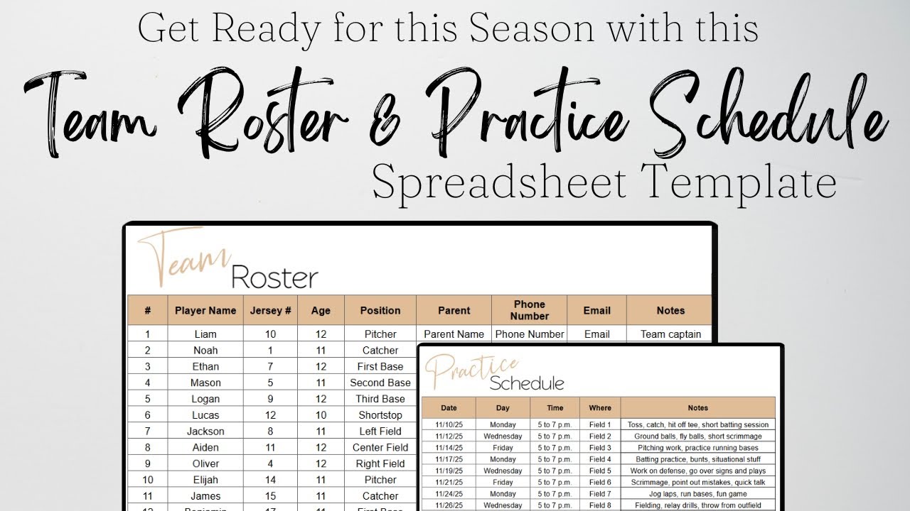 Team Roster Template Google Sheets, Youth Sports Team Players Lineup List Coaching Practice Schedule