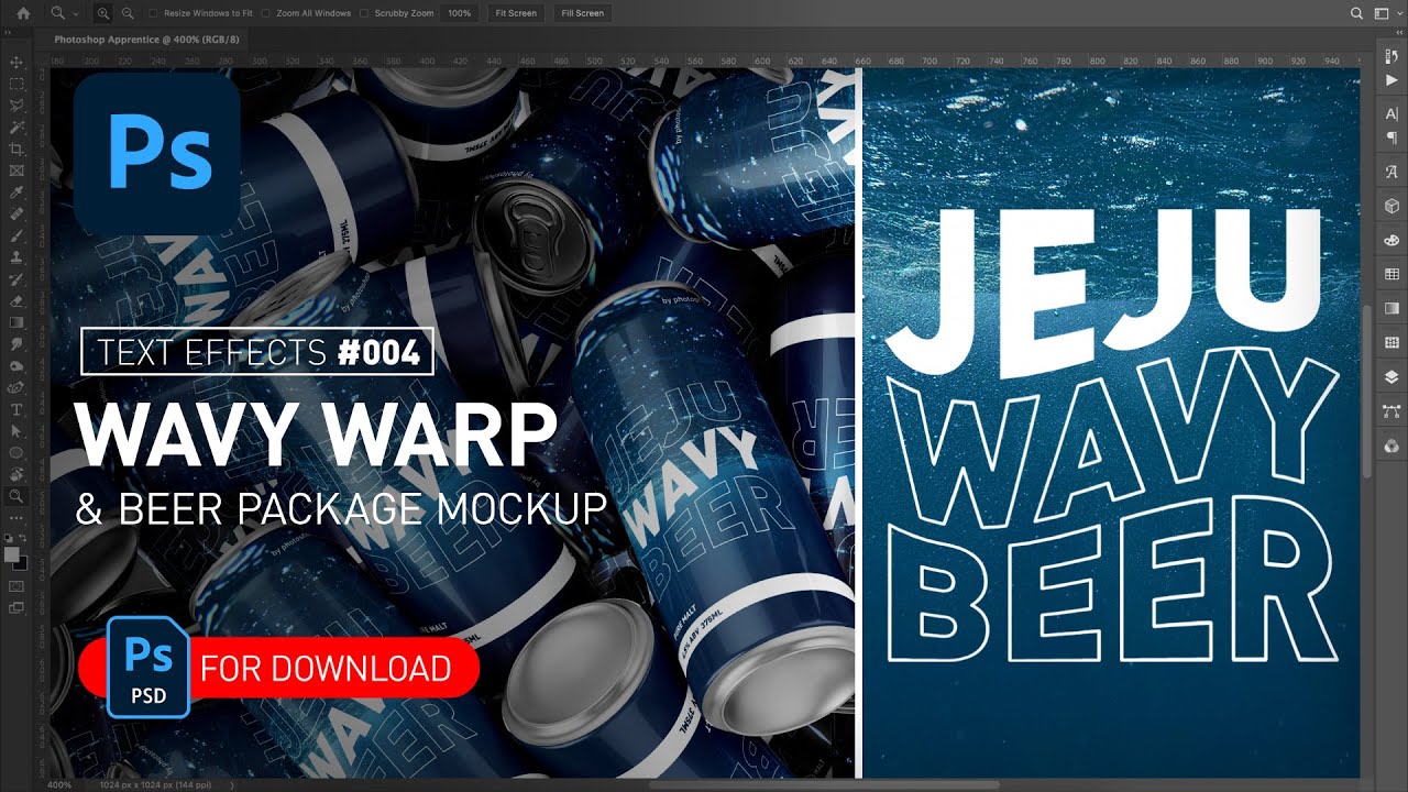 Warp Wavy Text Effect in Photoshop & Beer Package Mockup + Free PSD File  [100 Text Effects]