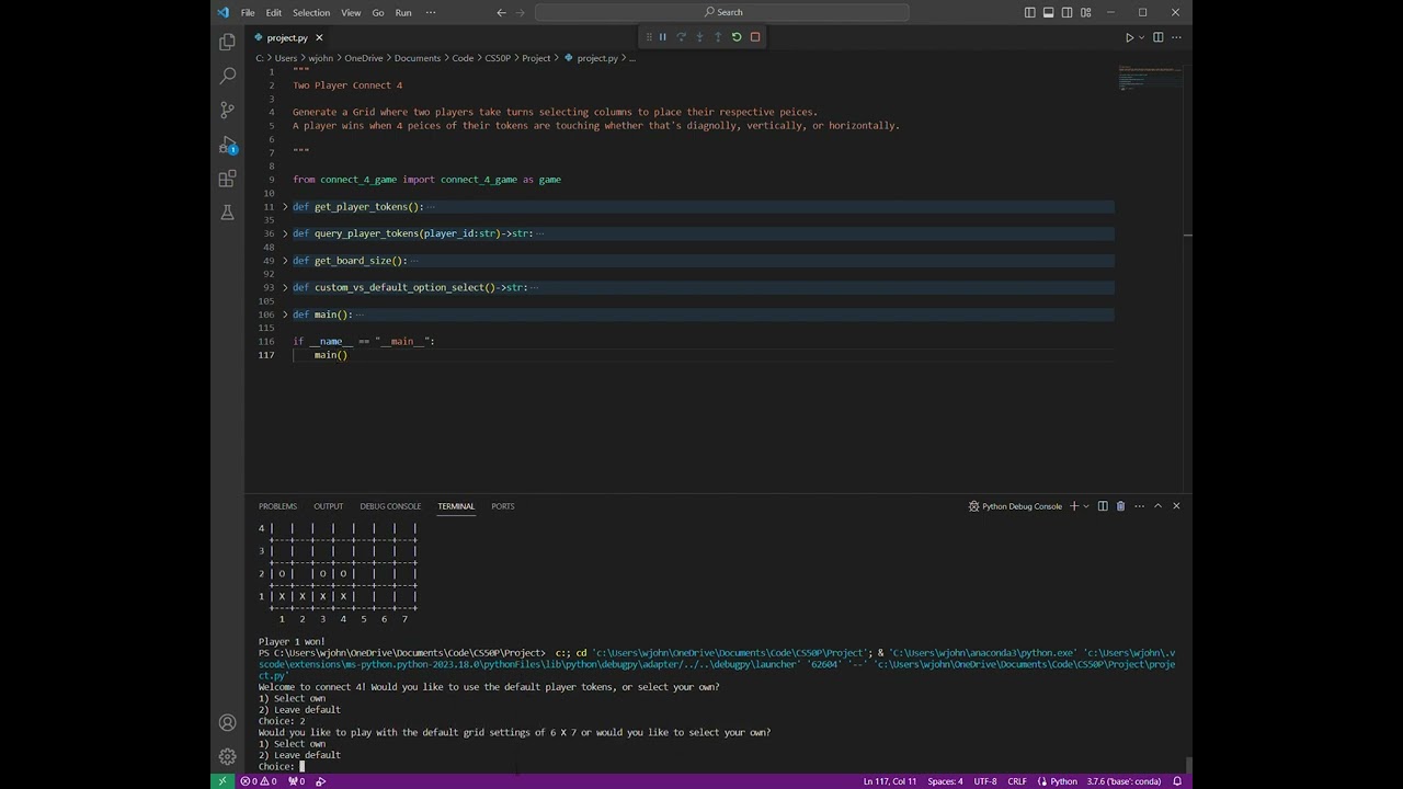 CS50P Final Project: Two Player Connect 4 in Python