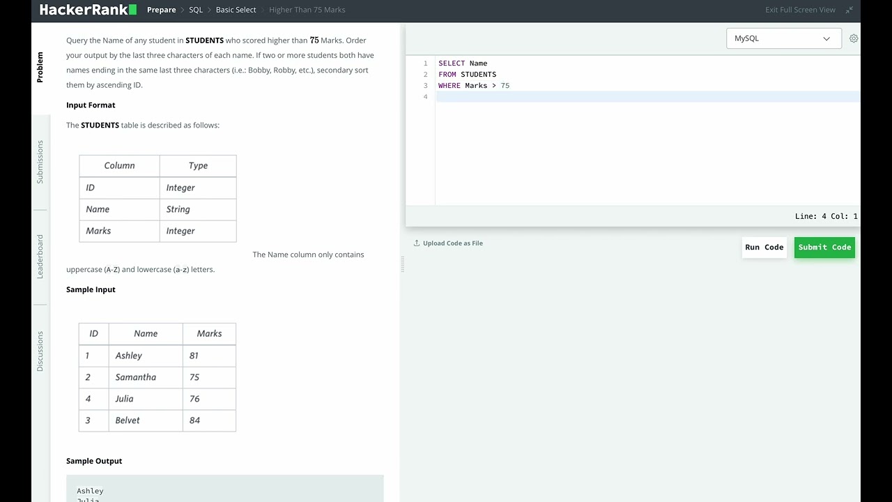Hackerrank SQL Solution #17 Basic SQL - Higher Than 75 Marks