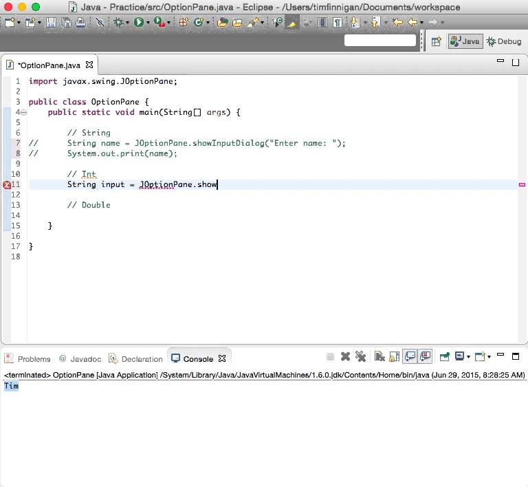 Create an Option Pane for User Input (Java)
