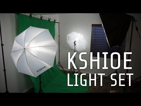 Review of Kshioe photography lighting set with umbrellas, softboxes, and backdrops