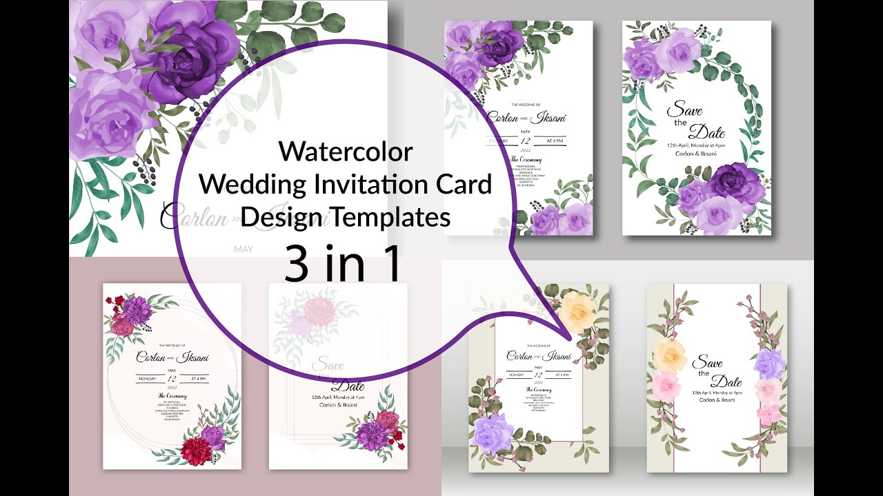 Elegant wedding invitation card design set template with hand drawing soft flowers and leaves vector
