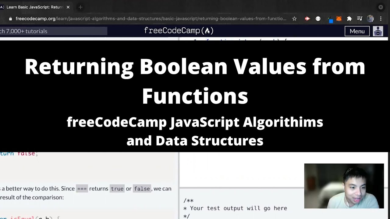 Returning Boolean Values from Functions (Basic JavaScript) freeCodeCamp tutorial