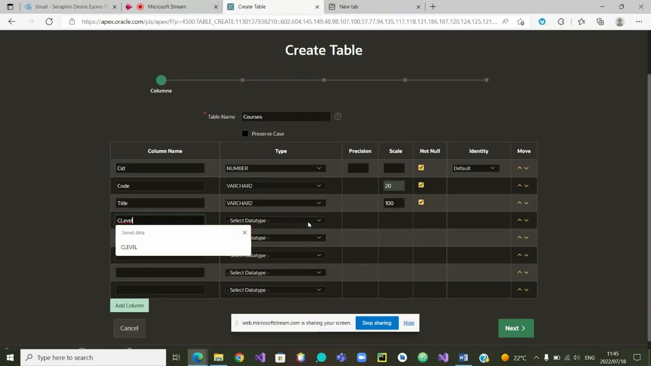 Simple tables creation in Oracle Apex (O3)