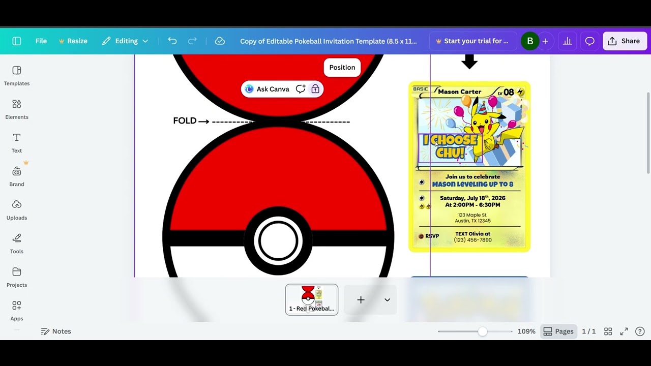 How to Edit a Pokemon Pokeball Invitation in Canva | Printable Birthday Invitation Tutorial (Part 1)