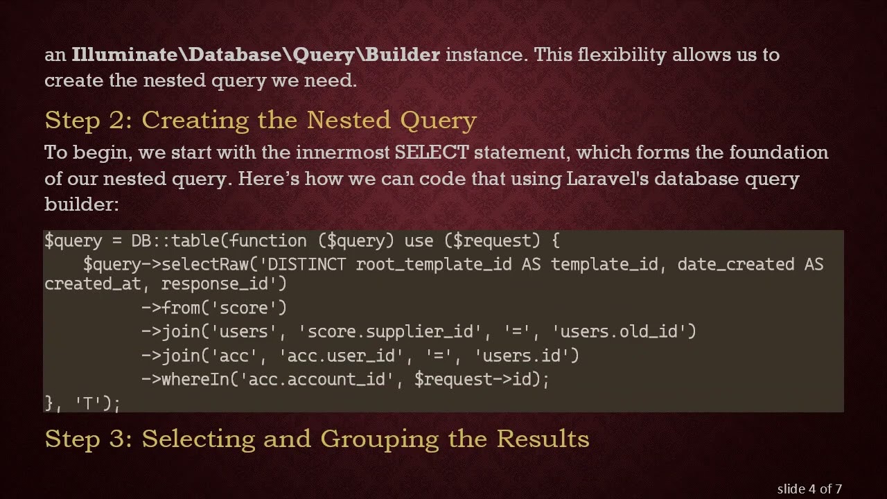 How to Create an SQL Nested/Sub Query in PHP Using Laravel