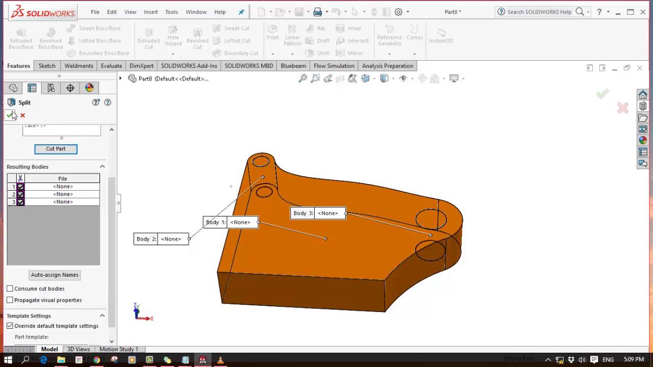 Solidworks tutorial- MultiBody part using split command part-2