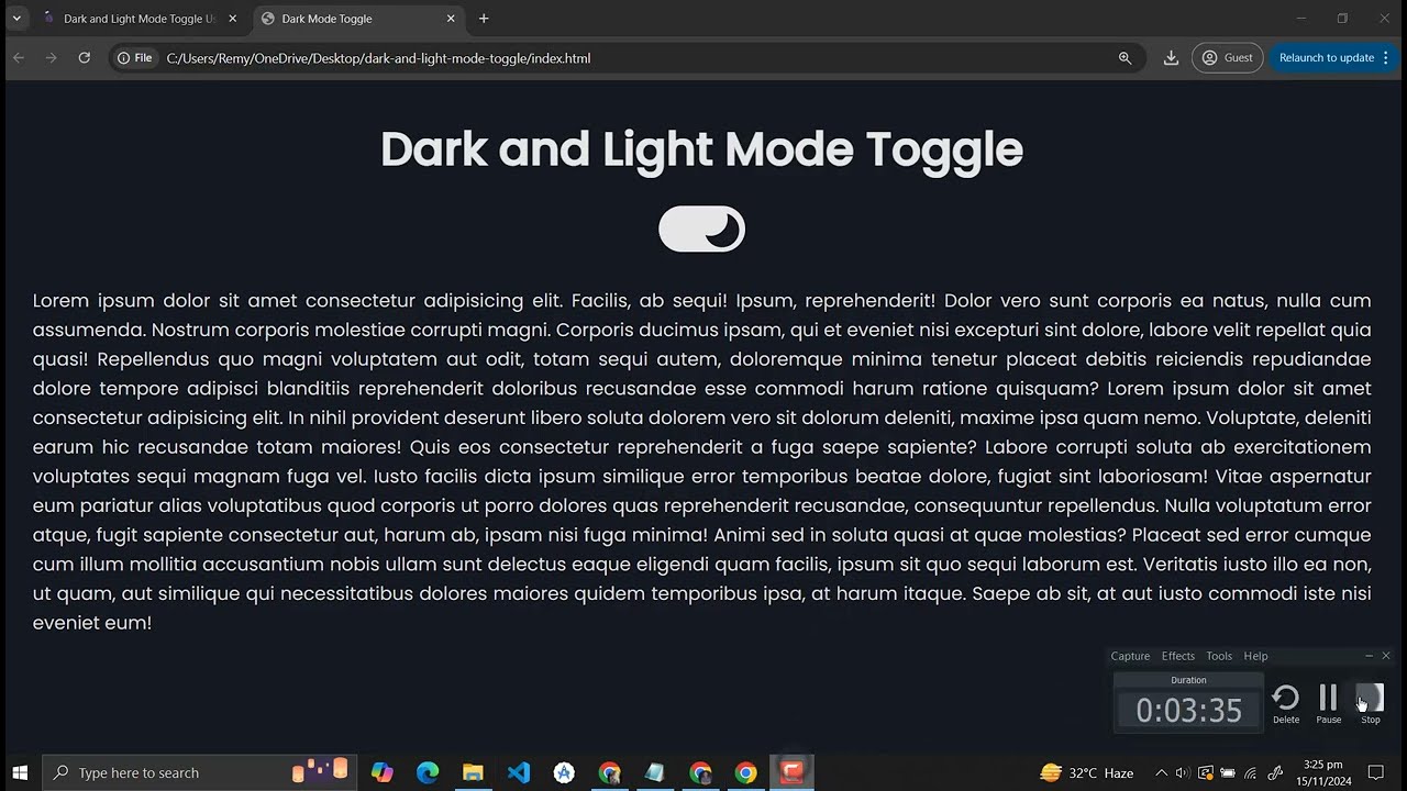 Dark and Light Mode Toggle Using HTML, CSS and JavaScript with Source Code
