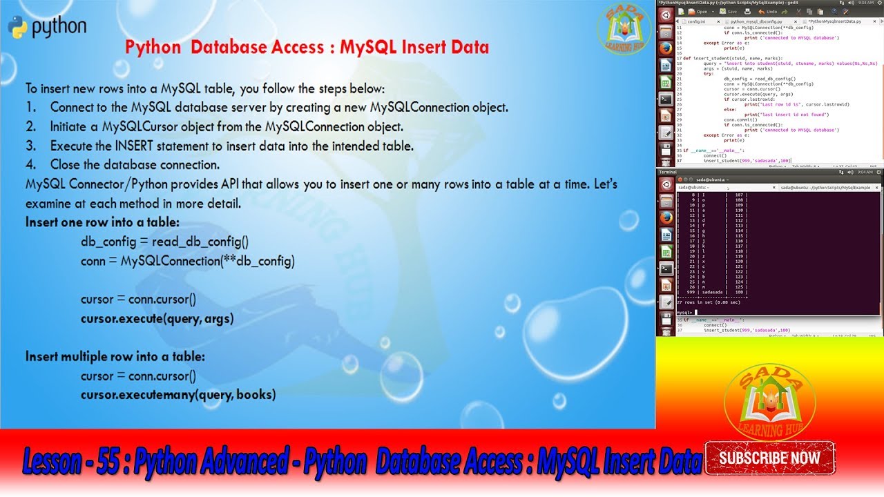 Lesson - 55 : Python Advanced - Python  Database Access : MySQL Insert Data