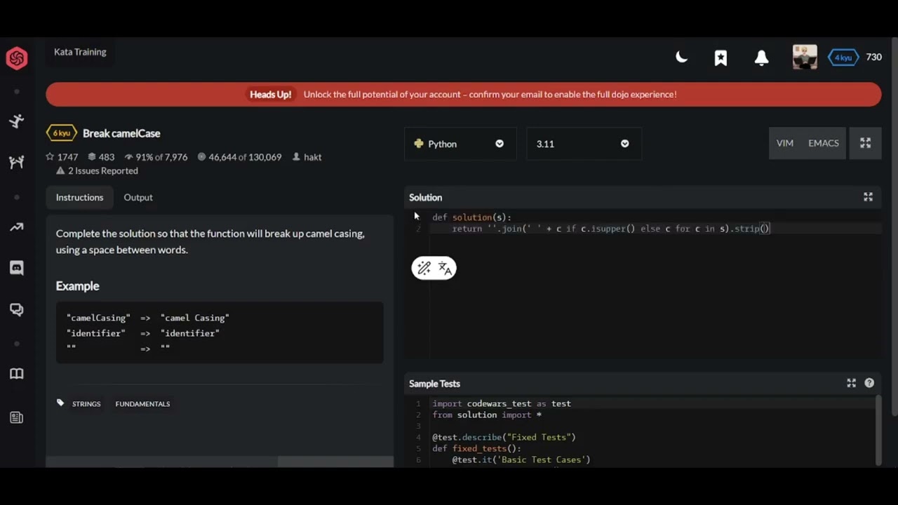Codewars | Break camelCase | Python 6 kyu