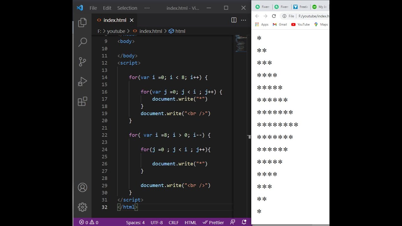 How to print star pattern in javascript | for loop in javascript | start pattern |